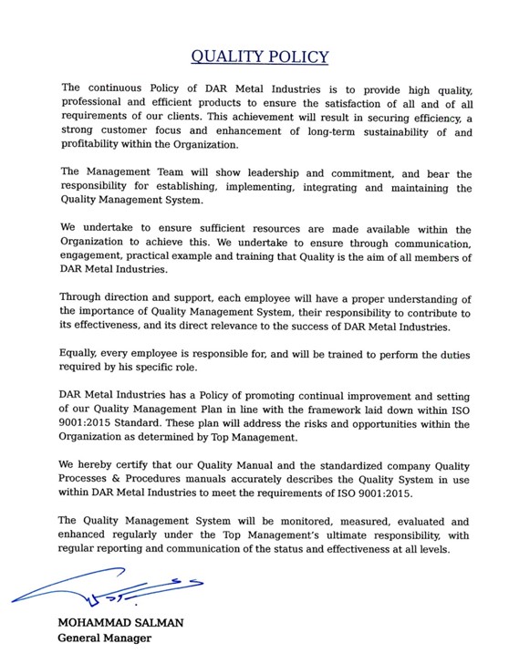 QA / QC – Dar Metal